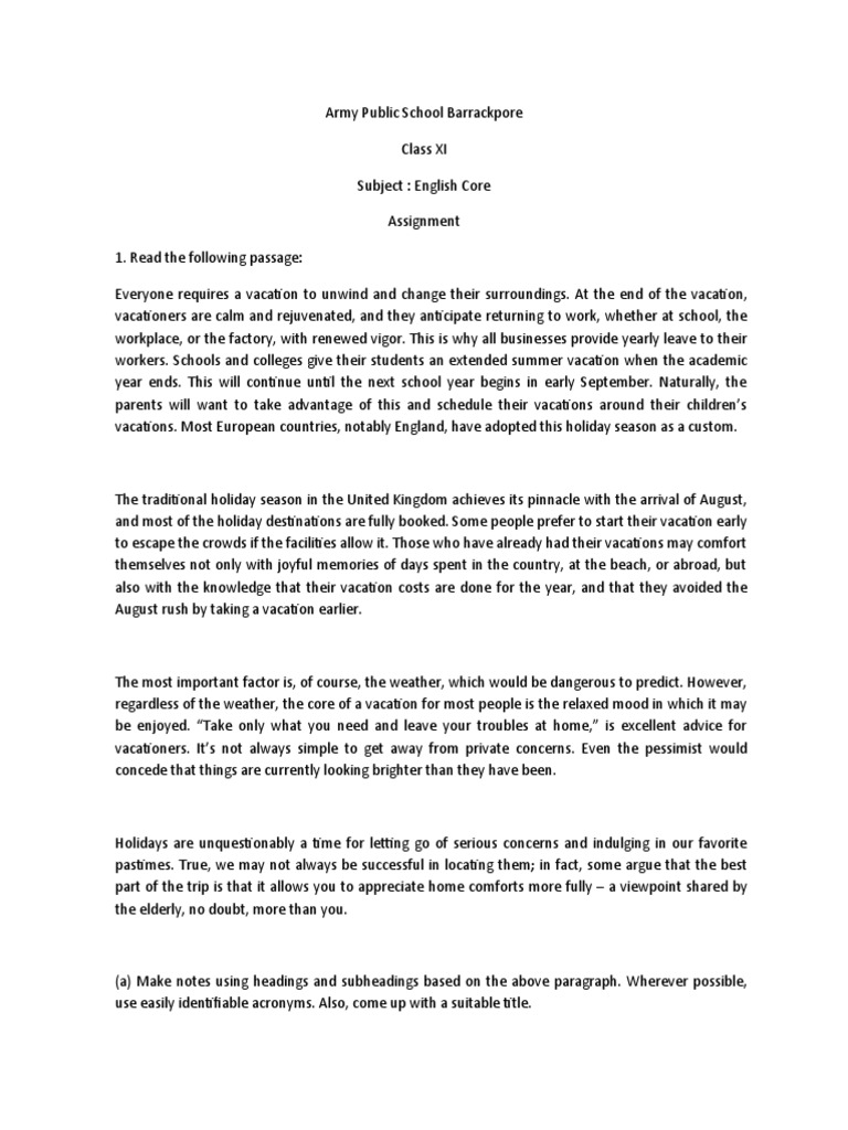English Assignment CLASS XI (1) | PDF | Vacation