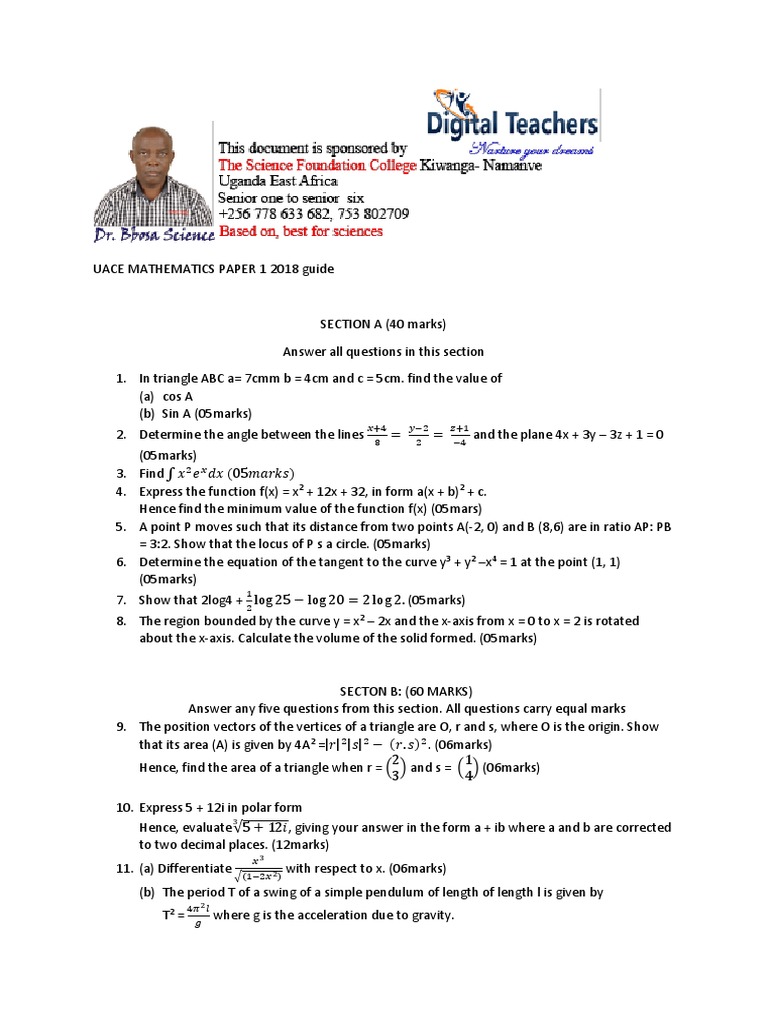 UACE MATHEMATICS PAPER 1 2018 Marking Guide | PDF