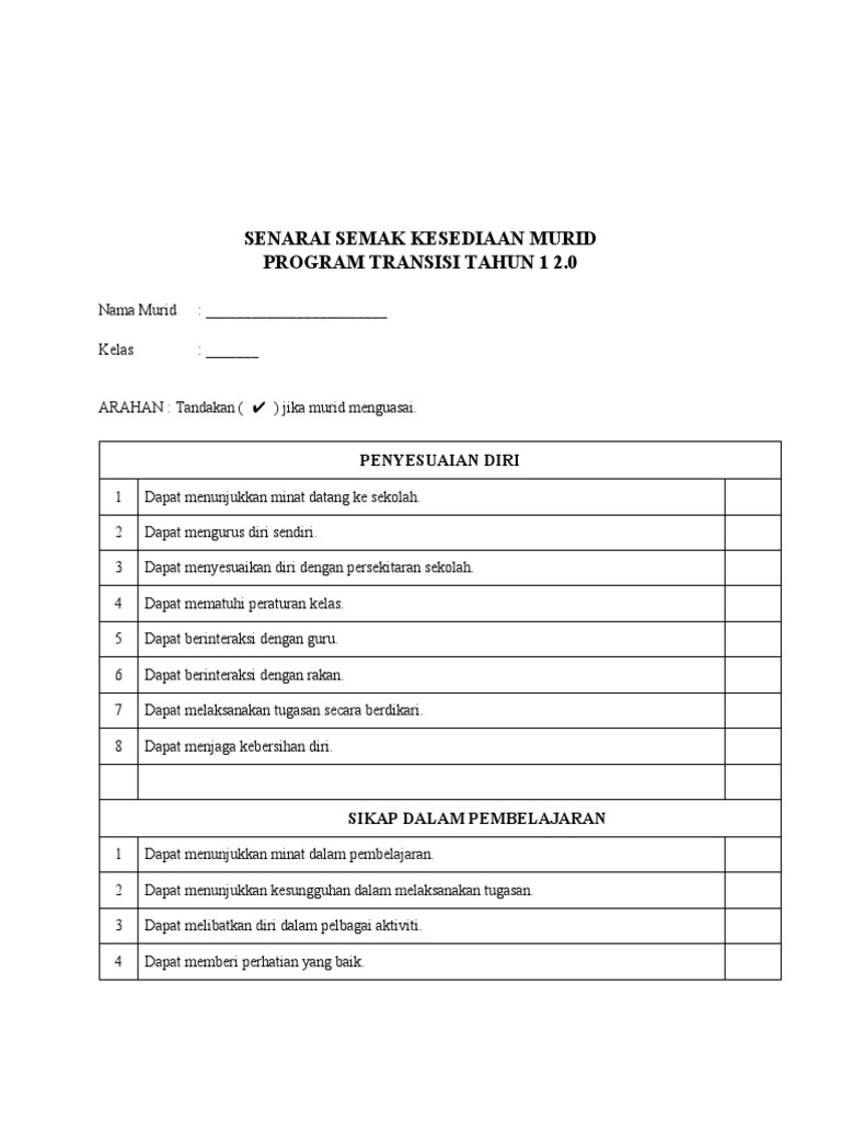 Senarai Semak Kesediaan Murid | PDF
