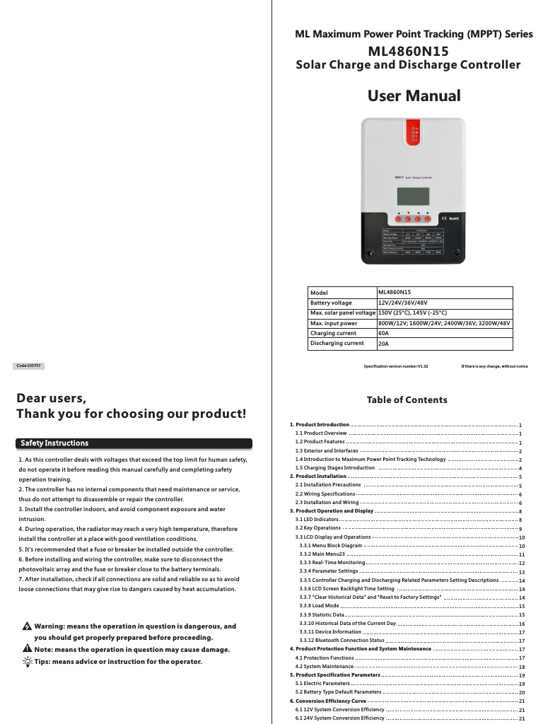 MPPT Solar Charge Controller ML4860N15 Instructions | PDF