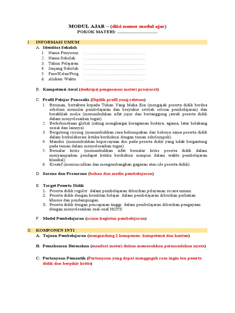 Template Modul Ajar | PDF