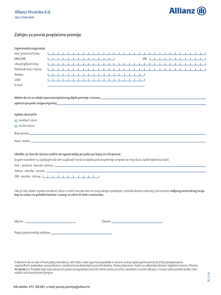 Zahtjev Za Povrat Preplaćene Premije - Editabilni - T8273-09 | PDF