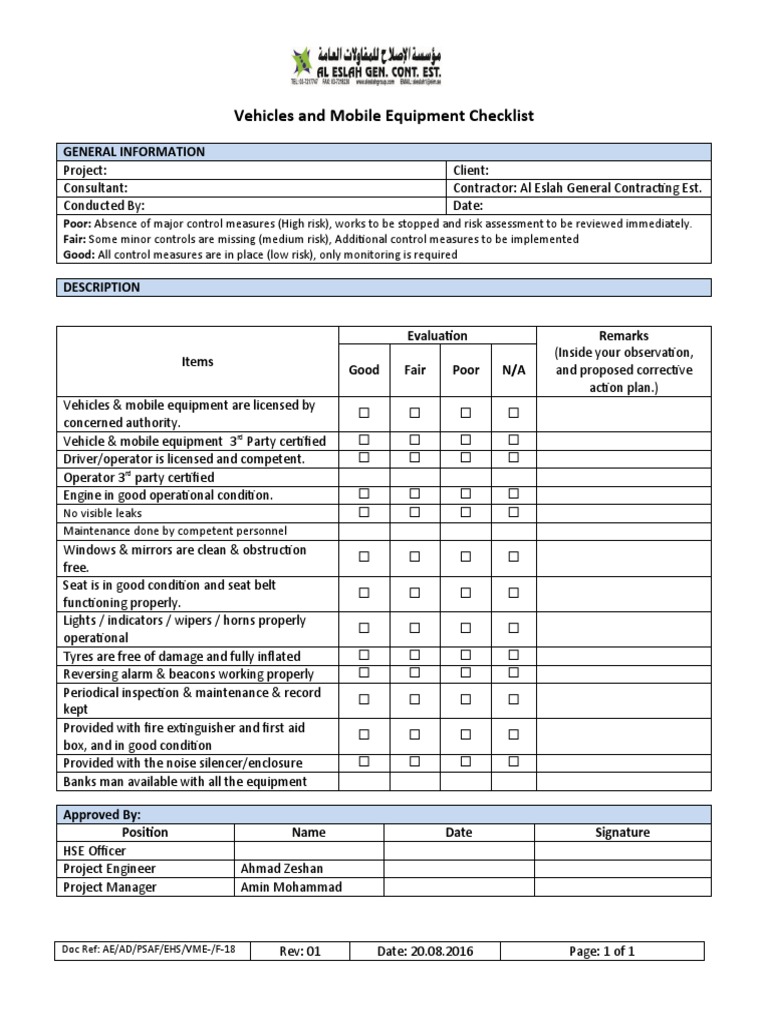 Vehicles and Mobile Equipment Checklist | PDF