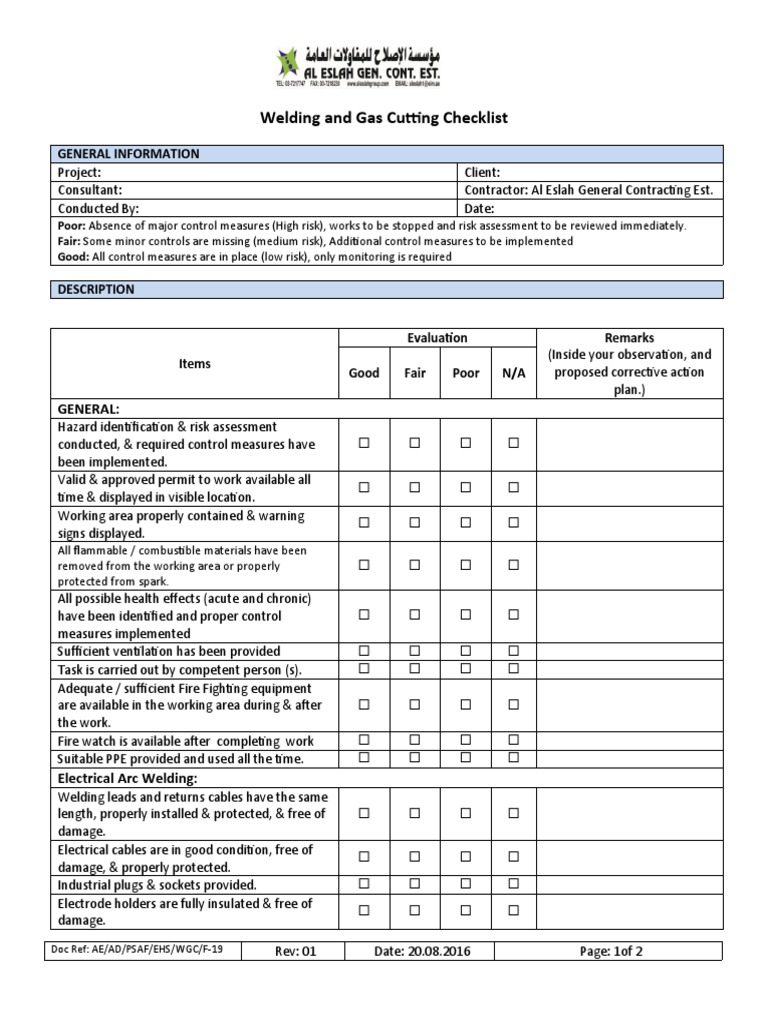 Welding and Gas Cutting Checklist | PDF