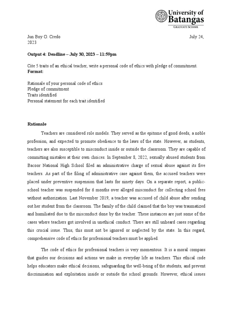 Credo Jun Boy Ethics in Education Output 4 | PDF | Teachers | Learning