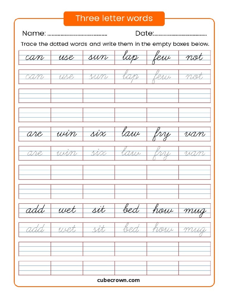 Three Letter Words Cursive Worksheet | PDF