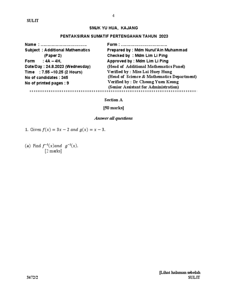 2021 Putrajaya Add - Maths K2 Set 1 | PDF
