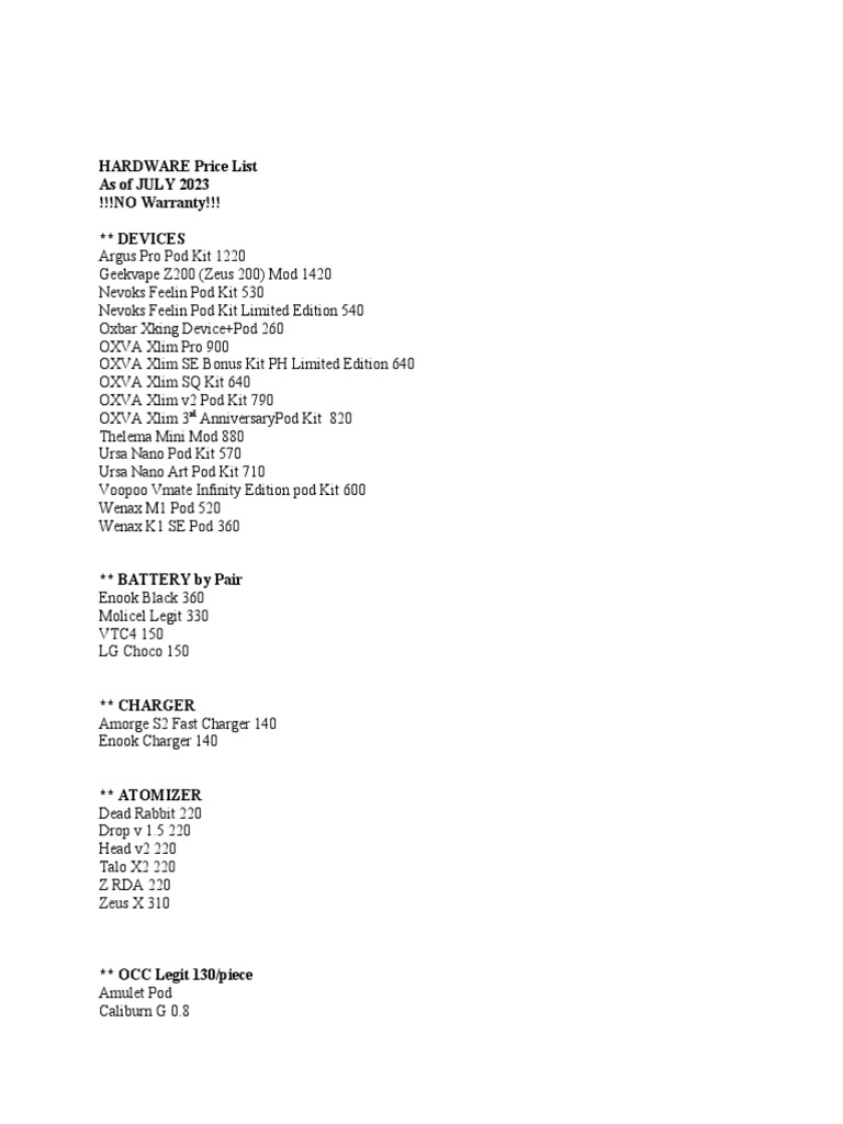 Vaping Hardware & Accessories List | PDF | Cooking, Food & Wine