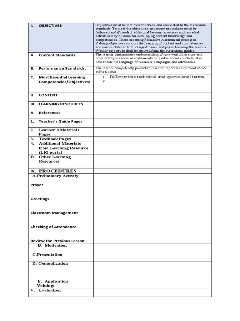 Technical and Operational Definition Detailed Lesson Plan | PDF ...