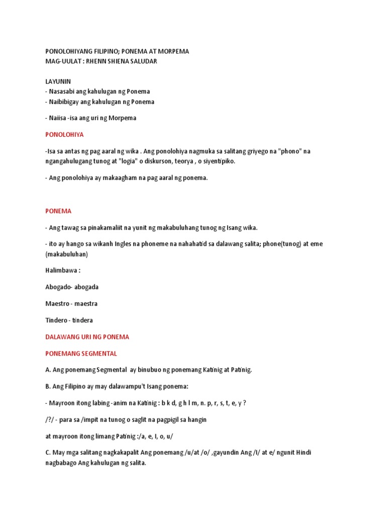 Ponolohiyang Filipino Ponema at Morpema | PDF