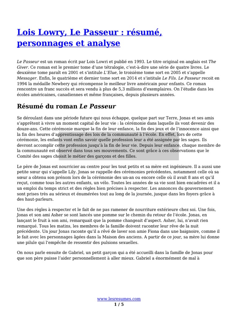 Lois Lowry Le Passeur Resume Personnages Et Analyse | PDF