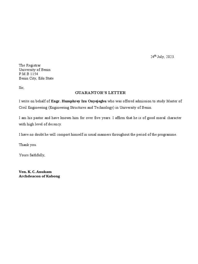 Guarantor's Letter | PDF