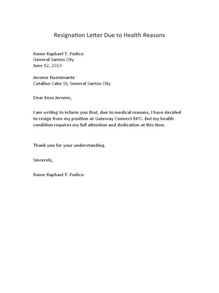 Resignation Letter Due To Health Reasons | PDF