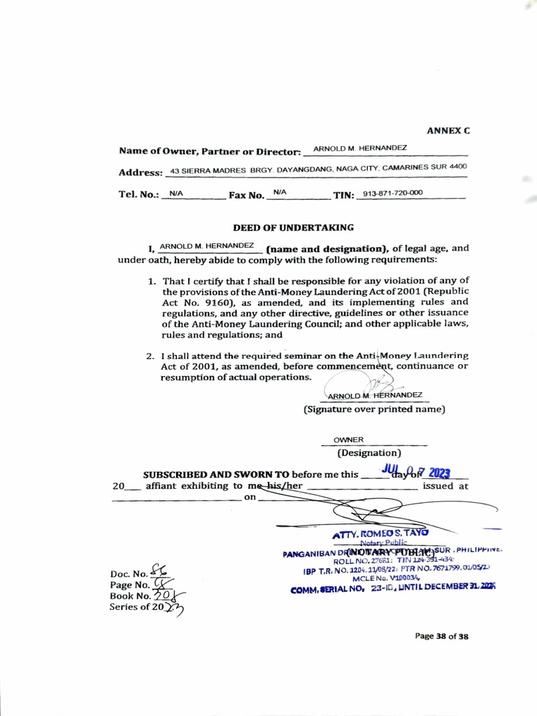 Notarized deed of undertaking | PDF