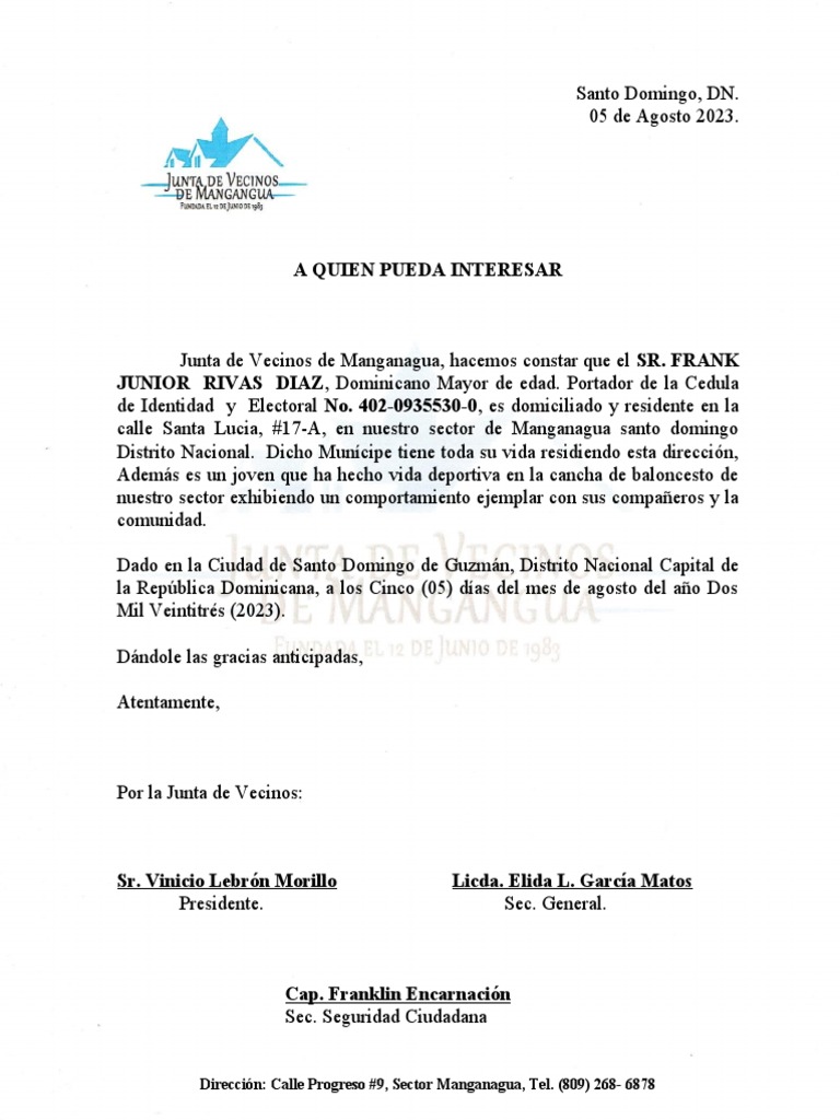 Junta de Vecinos Manganagua SR. FRANK JUNIOR RIVAS DIAZ | PDF ...