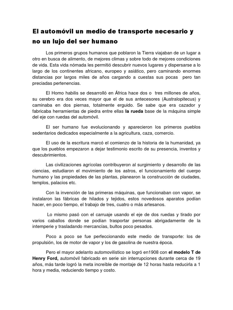 El Automóvil Un Medio de Transporte Necesario y No Un Lujo Del Ser ...