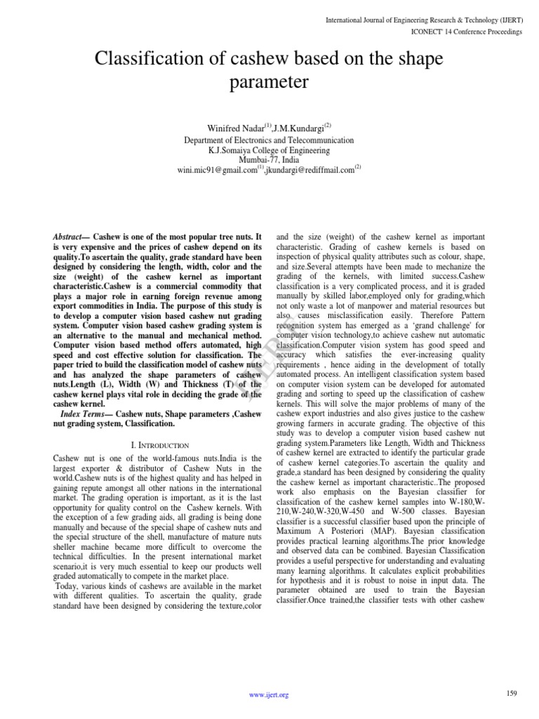 Classification of Cashew Based On The Shape Parameter IJERTCONV2IS04083 | Download Free PDF ...