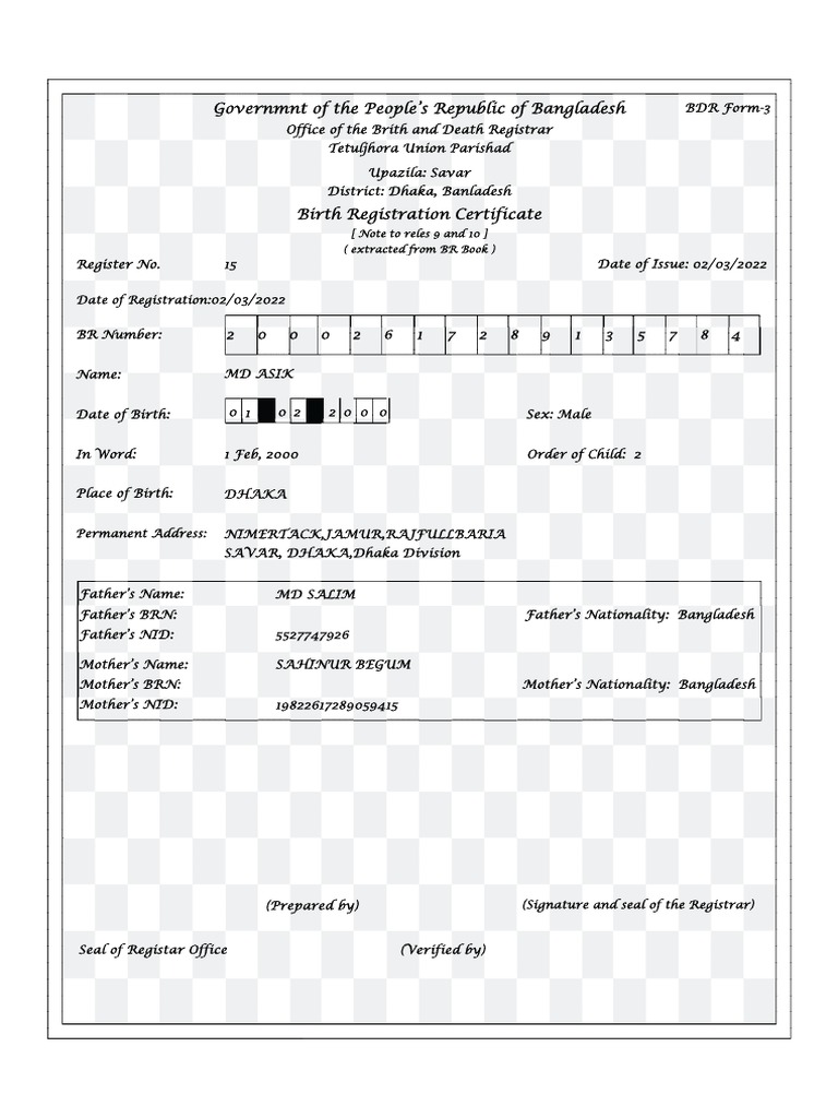 Bangladesh Birth Registration Certificate | PDF