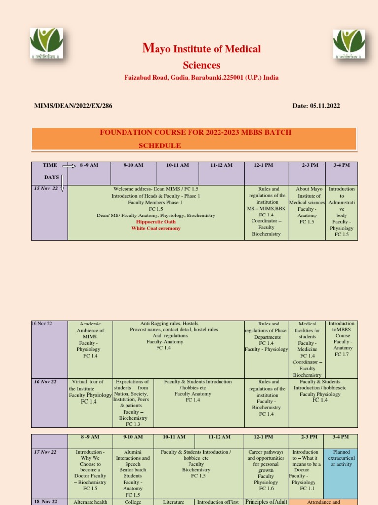 FOUNDATION COURSE - MBBS 2022 Batch - Phase 1-1 | PDF | Medicine | Physician
