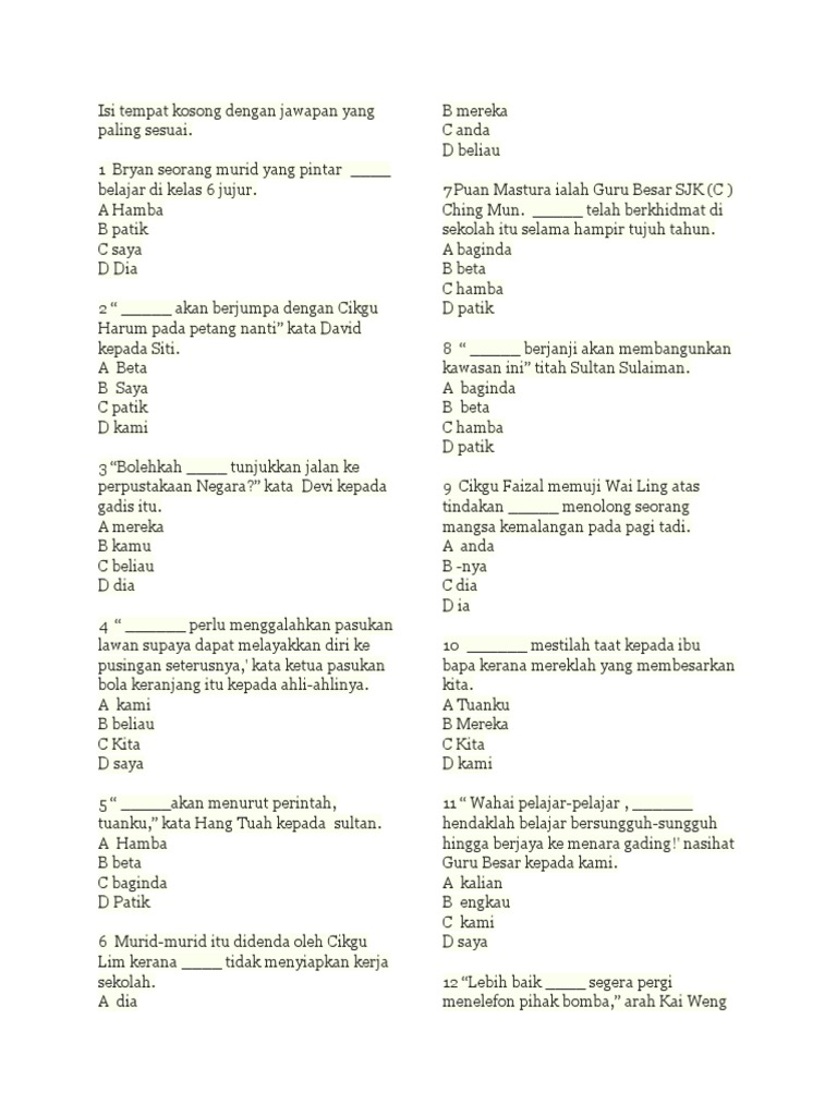 Isi Tempat Kosong Dengan Jawapan Yang Paling Sesuai | PDF