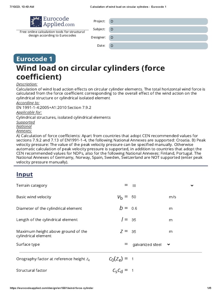 Calculation of Wind Load on Circular Cylinders - Eurocode 1 | PDF