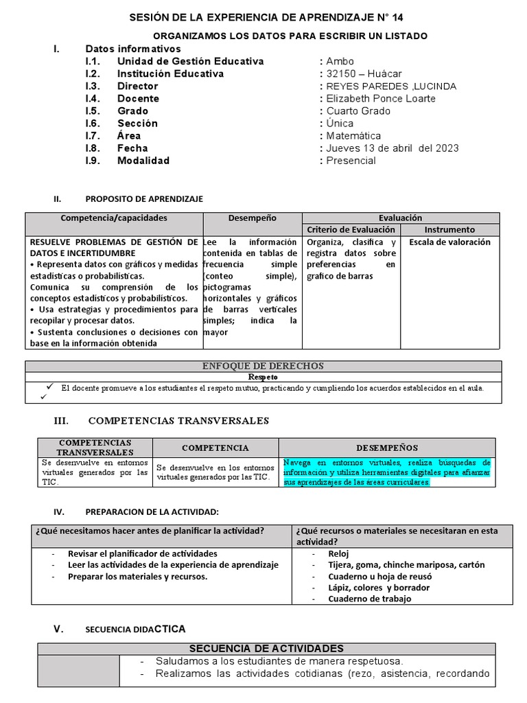 Sesión De La Experiencia De Aprendizaje N 14 Pdf