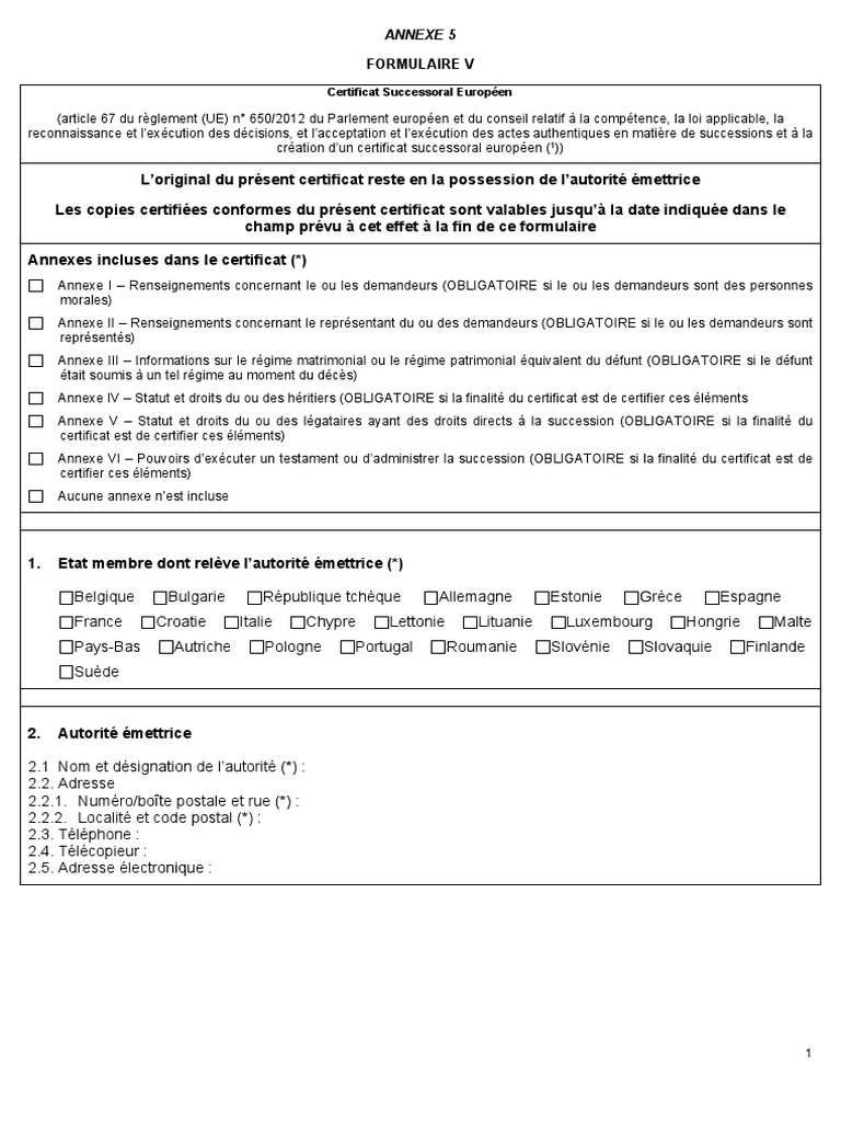 Certificat Successoral Europeen - Article 67 Règlement Européen (Annexe 5) | PDF