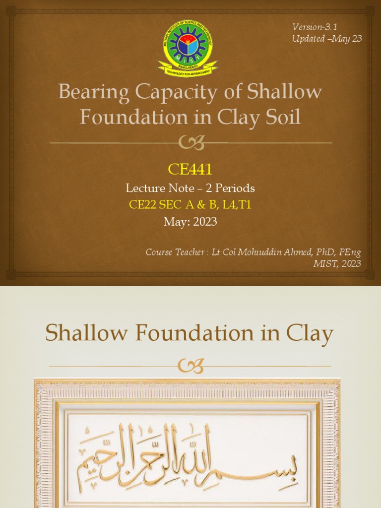 CE 441 - Lec03 - BC of Shallow FDN in Clay V1 | PDF | Natural Materials | Civil Engineering