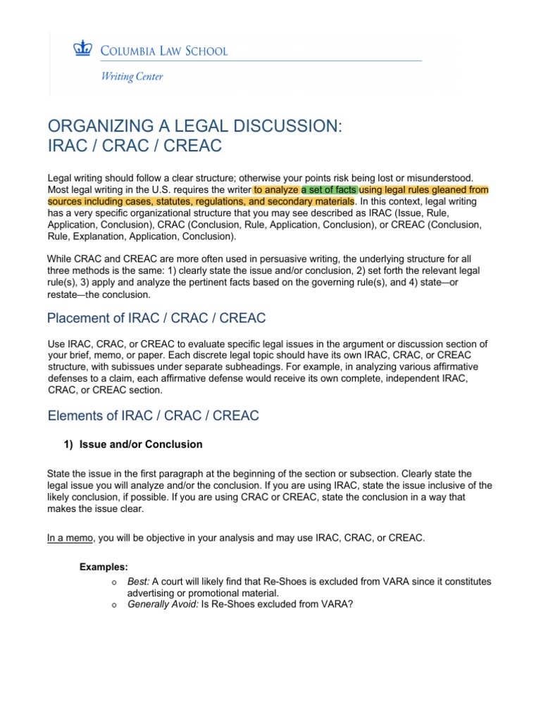 WC Handout IRAC, CRAC, CREAC - Revised 5.22 | PDF
