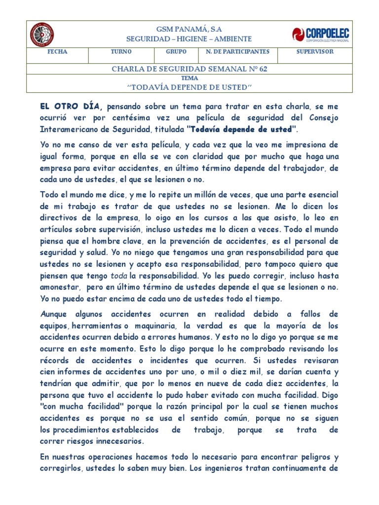 Charla de Seguridad: Depende de Usted | PDF | Crecimiento personal y ...