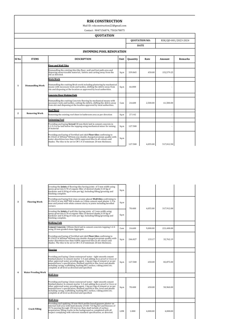 RSK Construction Quotation For Royel Apartment | PDF