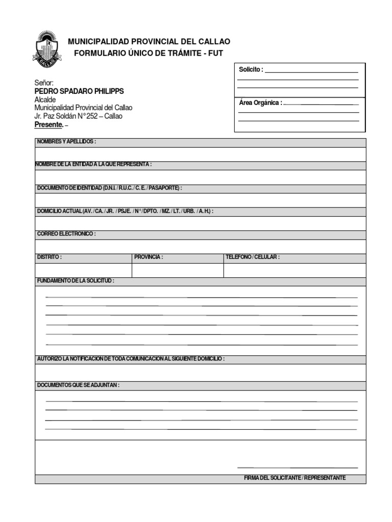 Municipalidad Provincial Del Callao Formulario Único de Trámite - Fut | PDF