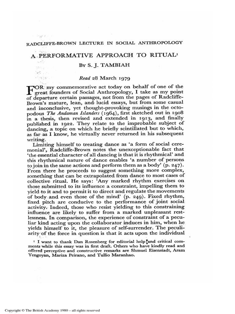 A performative approach to ritual - Stanley Tambiah | PDF