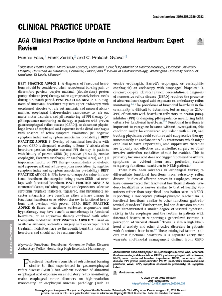 AGA Clinical Practice Update On Functional Heartburn. Expert Review ...