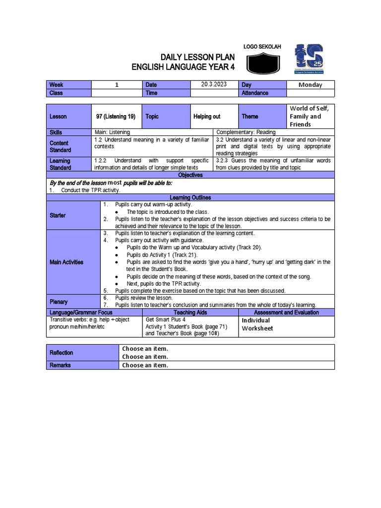 Year 4 English Lesson Plans: Helping Out | PDF