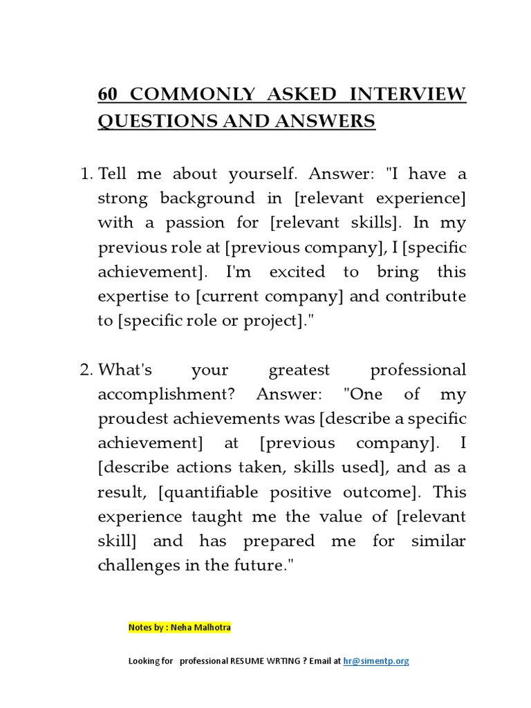 60 Commonly Asked Interview Questions and Answers | PDF