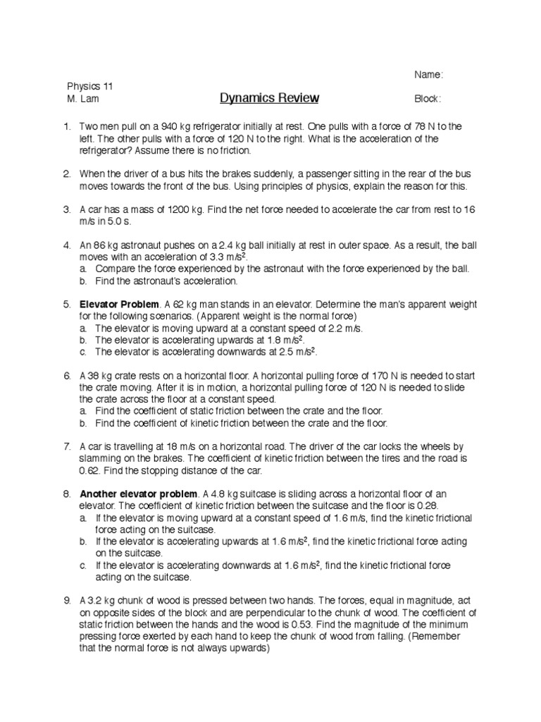 Dynamics Review Physics 11 | PDF | Force | Friction