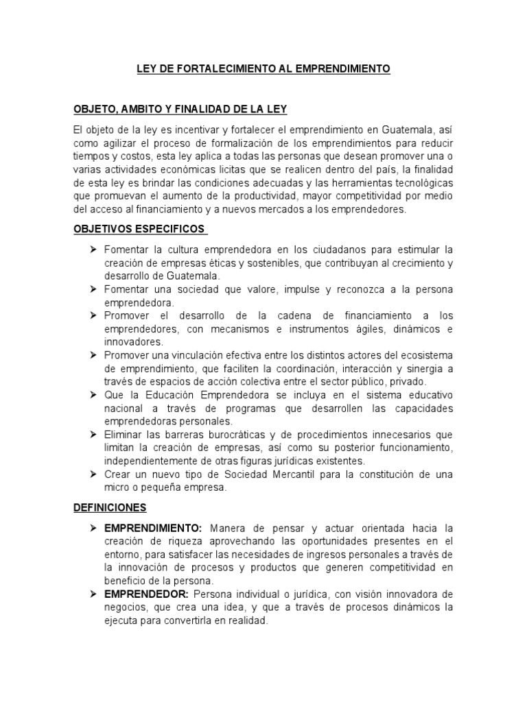 Resumen Ley de Fortalecimiento Al Emprendimiento | PDF