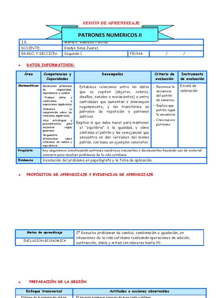 2º E5 Sesion d2 Mat Patrones Numericos II | PDF | Aprendizaje | Evaluación