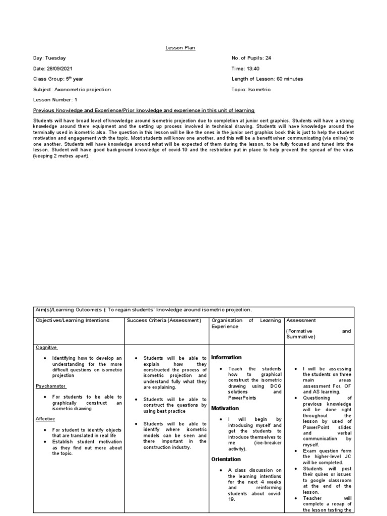 Isometric Projection Lesson Plan | PDF | Knowledge | Experience