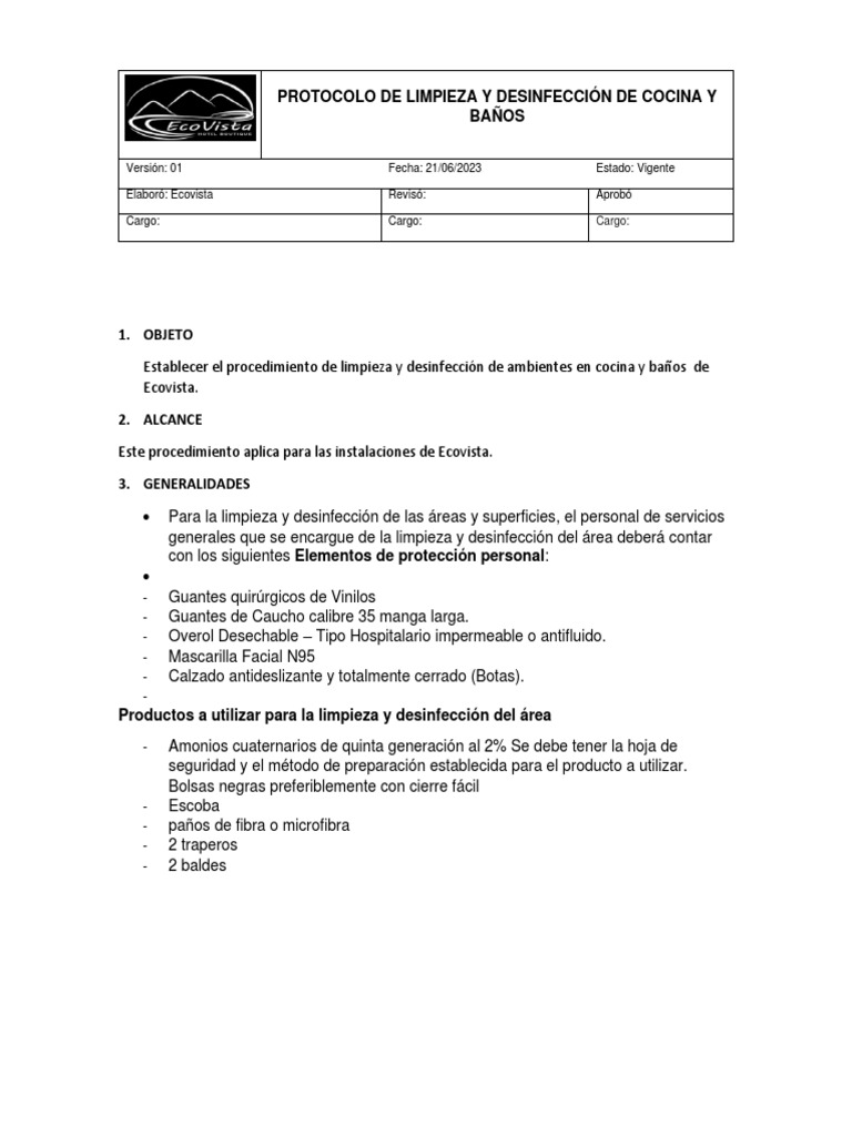 Programa de Limpieza y Desinfeccion de Cocina y Baños Ecovista | PDF