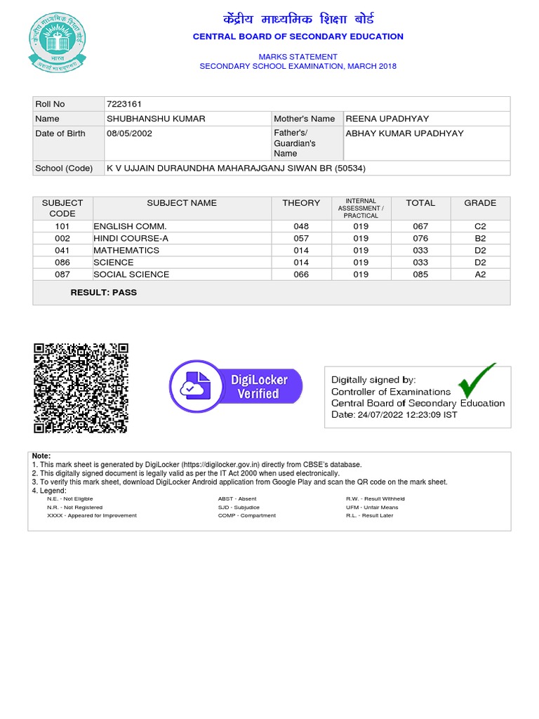 CBSE 10th Marksheet March 2018 | PDF