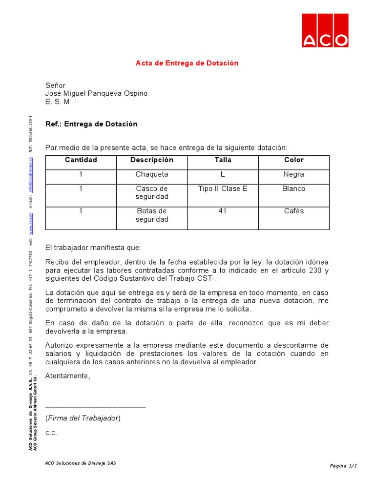 Acta Entrega de Dotacion | PDF