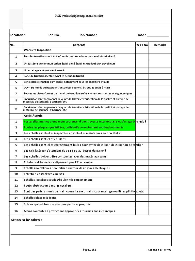 Checklist HSE pour travaux en hauteur | PDF