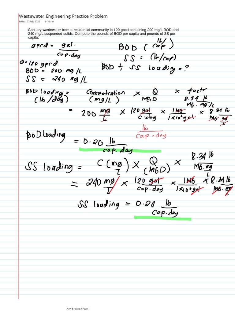 One Note Wastewater Engineering Practice Problem With Answer Key | PDF