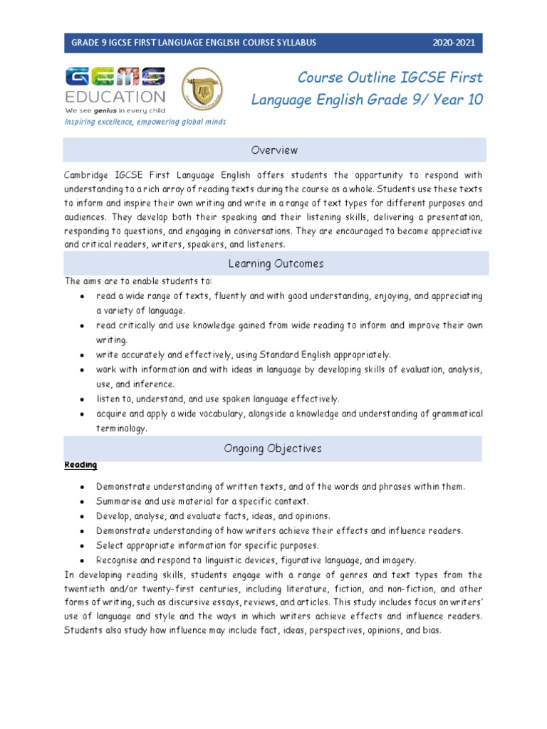 Grade 9 English Language Syllabus Overview 2020-2021 | Download Free ...