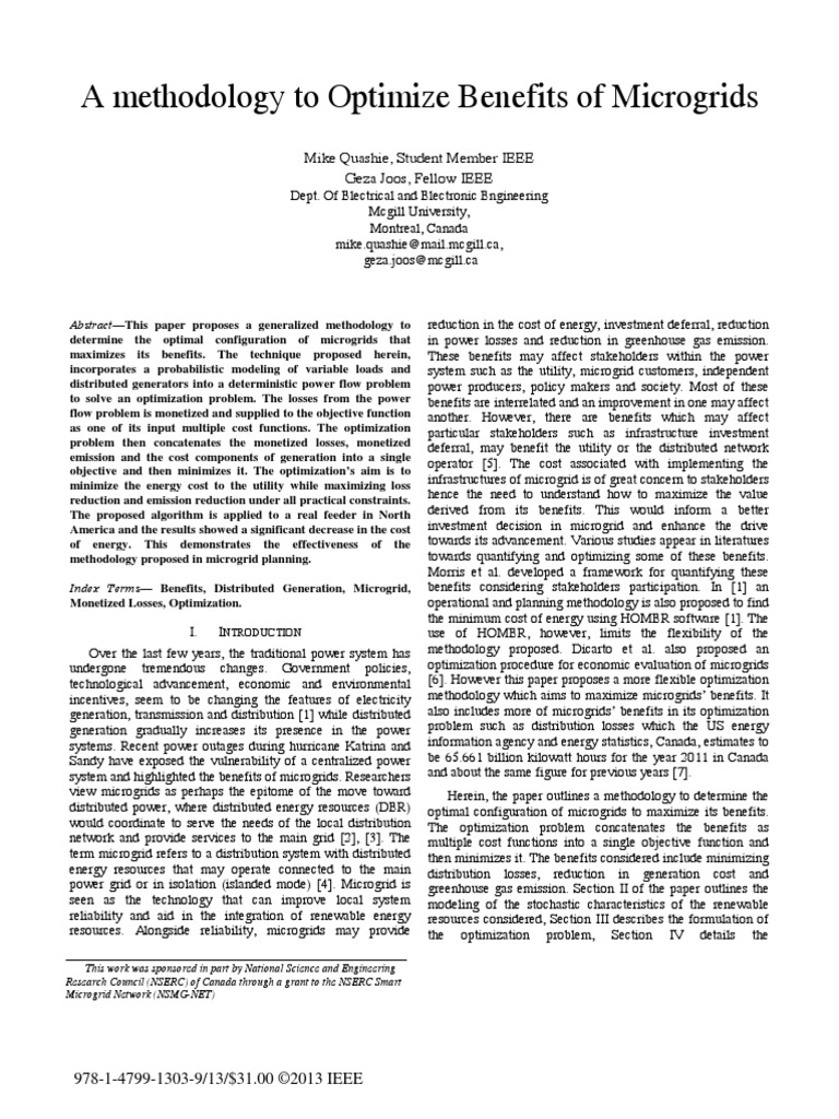 A Methodology To Optimize Benefits of Microgrids | PDF