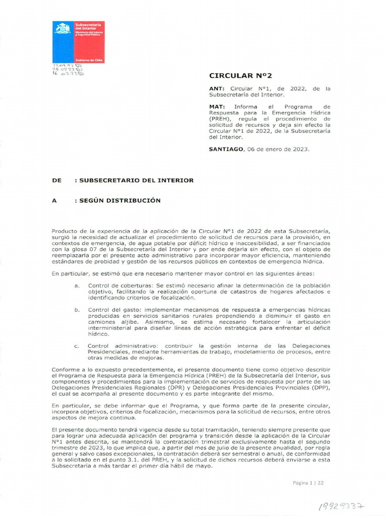 Circular #2 Programa de Respuesta Déficit Hídrico SUBSECRETARIA DEL INTERIOR | PDF