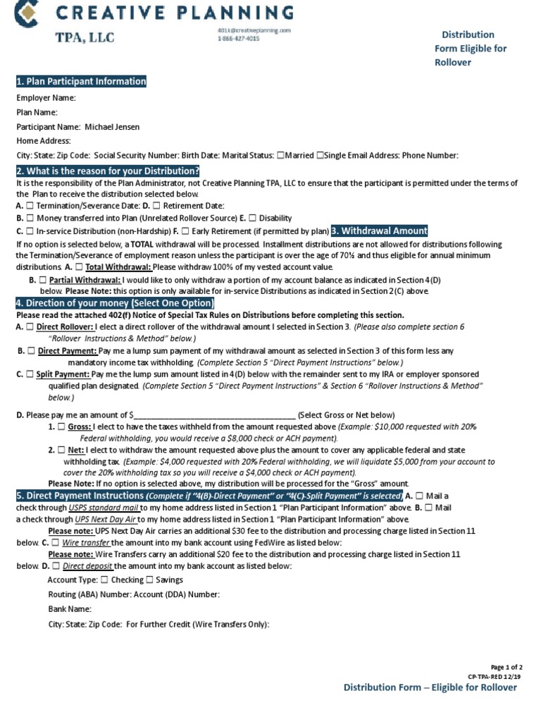 CPTPA Eligible for Rollover Distribution Form fillable PDF | PDF