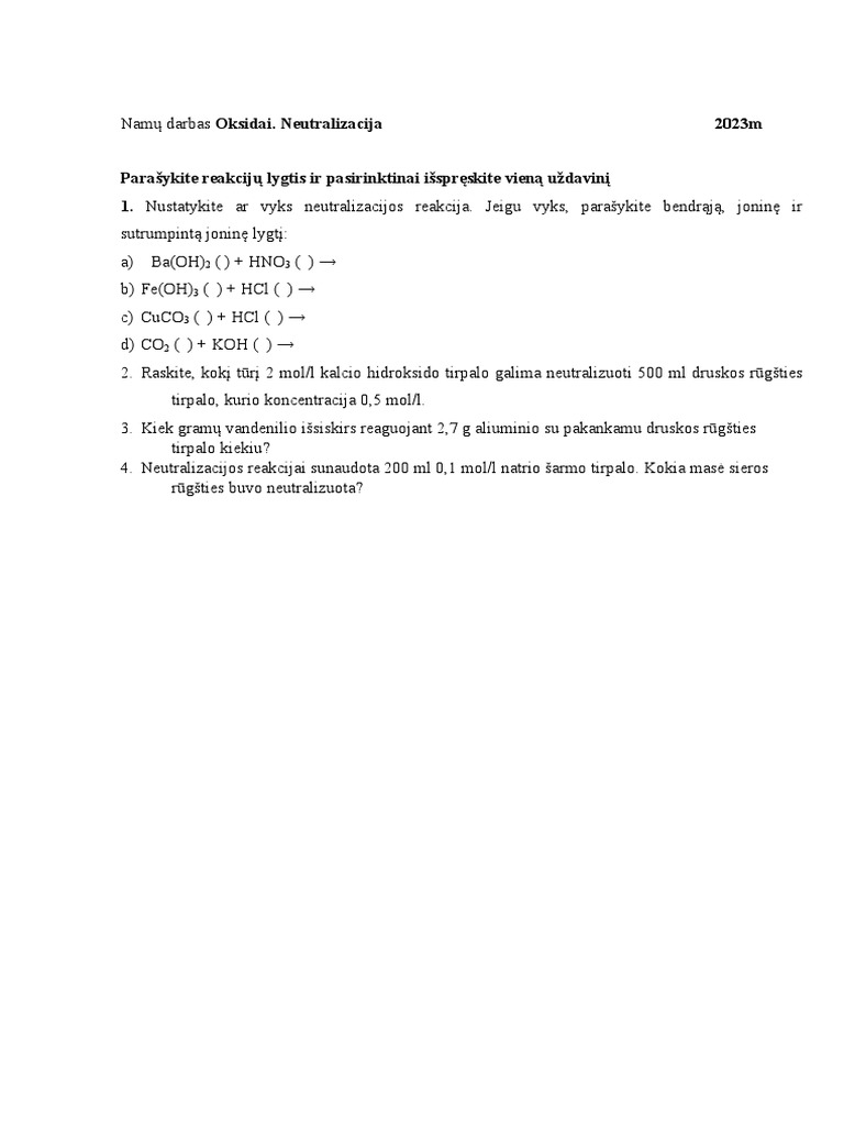 Namų Darbai Kartojimas Oksidai Neutralizacija | PDF